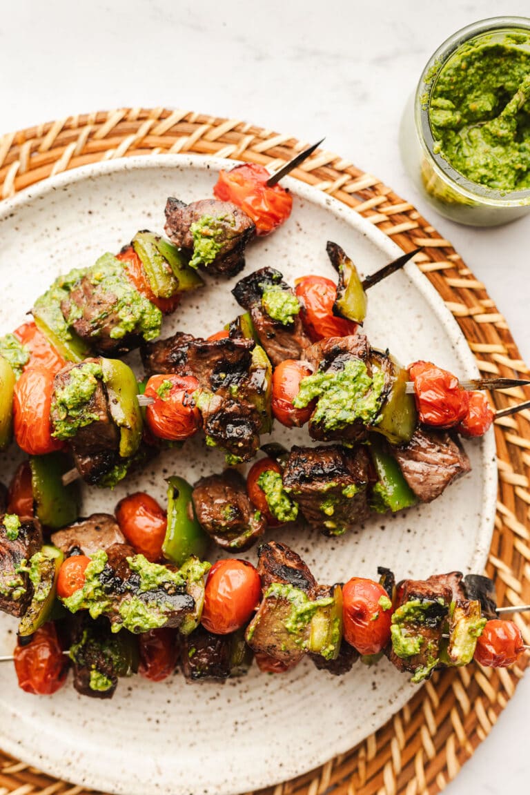 Pesto Steak Kabobs with Blistered Tomatoes and Peppers - The Whole Cook
